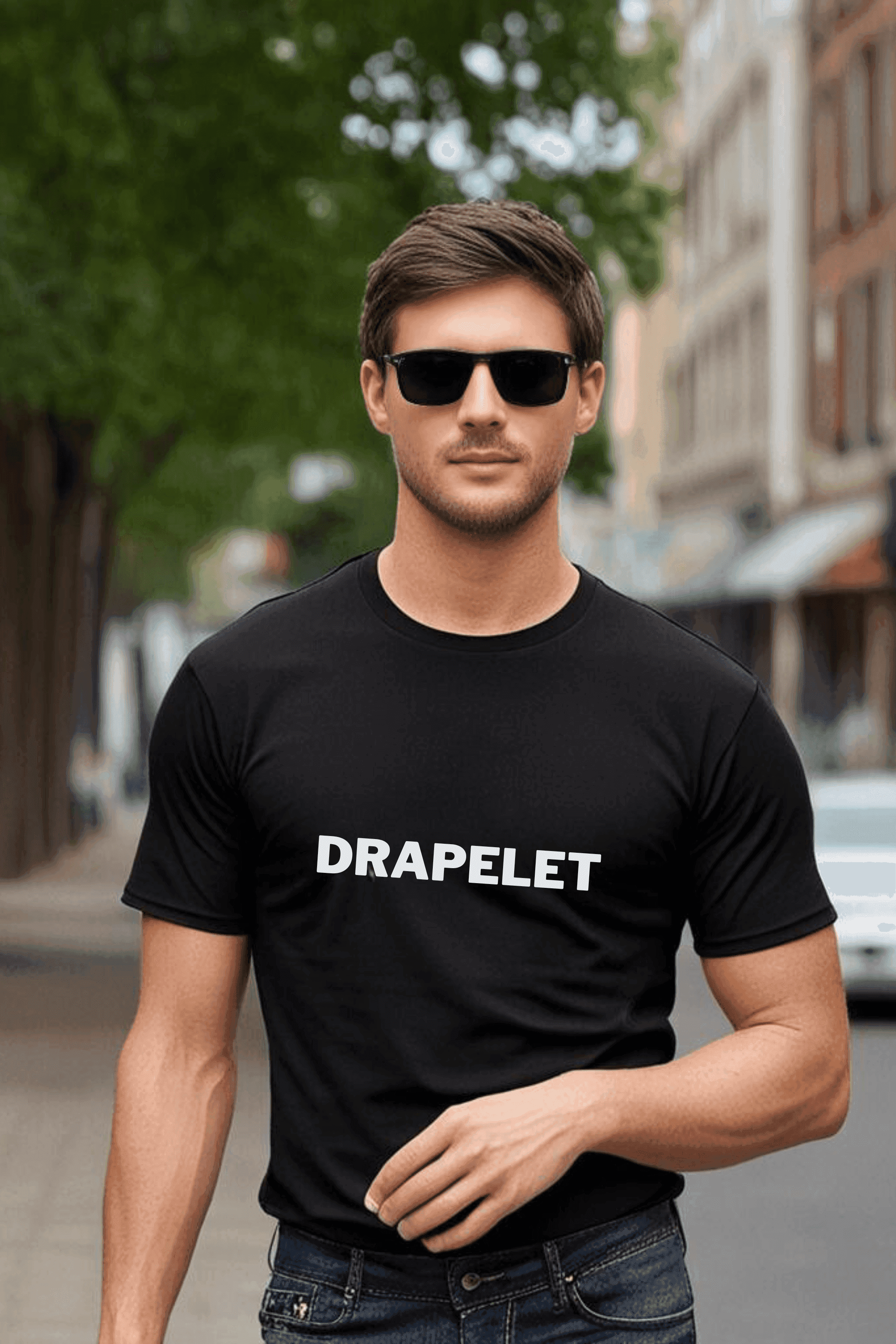 Men's Drapelet Round Neck Black Half Sleeve T-shirt